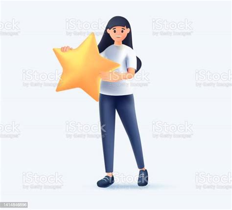 3d 만화 캐릭터 만족 수준 별을 들고 있는 젊은 여성 고객 검토 등급 및 고객 피드백 개념 5명에 대한 스톡 벡터 아트 및