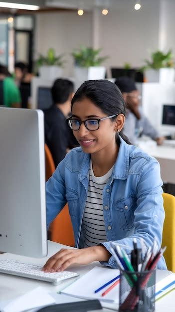 Diverse Office Portrait Of Talented Indian Girl It Programmer Working On Desktop Computer In