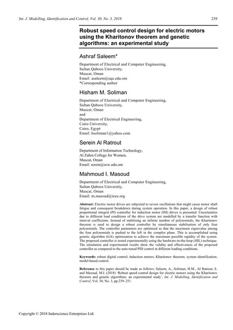 Pdf Robust Speed Control Design For Electric Motors Using The Kharitonov Theorem And Genetic