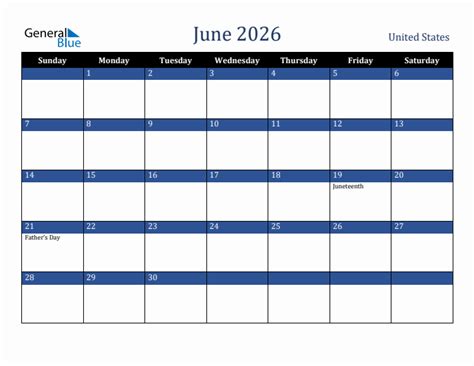 June 2026 Monthly Calendars With United States Holidays