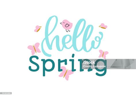 안녕하세요 귀여운 새와 나비가 있는 봄 텍스트입니다 계절 인사말 카드 디자인입니다 봄 축하 벡터 일러스트 레이 션 계절에 대한 스톡 벡터 아트 및 기타 이미지 Istock