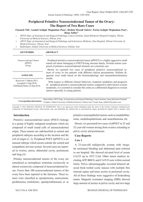 Pdf Peripheral Primitive Neuroectodermal Tumor Of The Ovary The Report Of Two Rare Cases