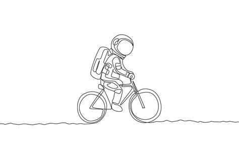 Eine Einzige Strichzeichnung Eines Raumfahrer Astronauten Der Fahrrad