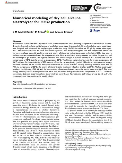 Abd El Razik Et Al 2023 Numerical Modeling Of Dry Cell Alkaline Electrolyzer For Hho Production