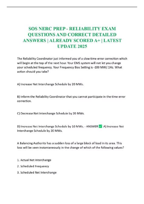 Sos Nerc Prep Reliability Exam Questions And Correct Detailed Answers Already Scored A