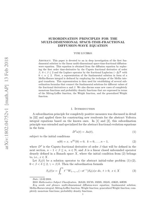 Pdf Subordination Principles For The Multi Dimensional Space Time Fractional Diffusion Wave