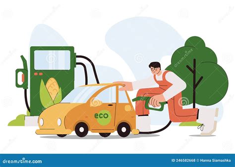 一种加油站生物燃料的平面人加油车 向量例证 插画 包括有 有机 绿色 字符 问题的 生态 对氨基苯甲酸二 246582668