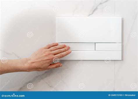 Hand Press Toilet Flush Button On Wall In Lavatory Stock Image Image Of Install Flush