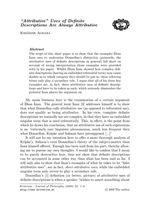 Pdf Attributive Uses Of Definite Descriptions Are Always Attributive