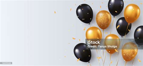 헬륨 풍선 축하 축제 배경 금색과 검은 색 현실적인 3d 벡터 비행 풍선 인사말 배너 또는 포스터 풍선에 대한 스톡 벡터 아트 및 기타 이미지 Istock
