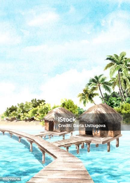 열대 야자수와 물 위의 오두막 바다 모래 푸른 하늘 여름 휴가 컨셉 배경 손으로 그린 수채화 그림 0명에 대한 스톡 벡터 아트