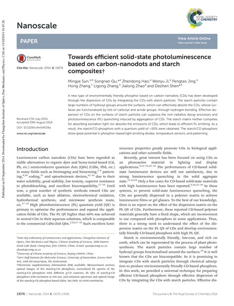 Pdf Towards Efficient Solid State Photoluminescence Based On Carbon Nanodots And Starch Composites