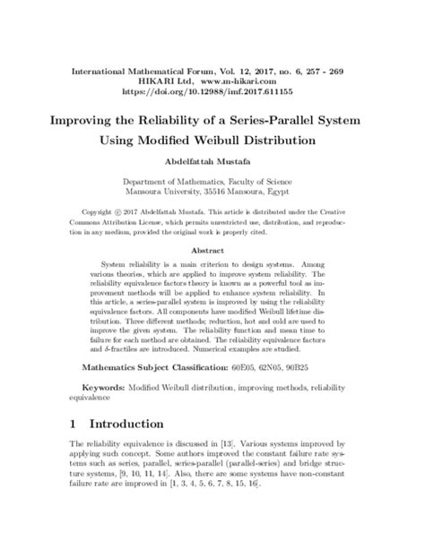 Pdf Improving The Reliability Of A Series Parallel System Using Modified Weibull Distribution