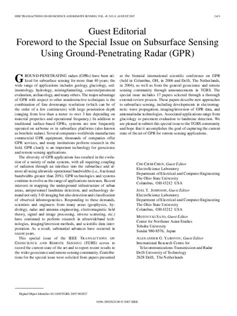 Pdf Foreword To The Special Issue On Subsurface Sensing Using Ground