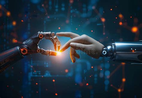 Human Hand Touching Ai Robotic Arm Futuristic Background Stock