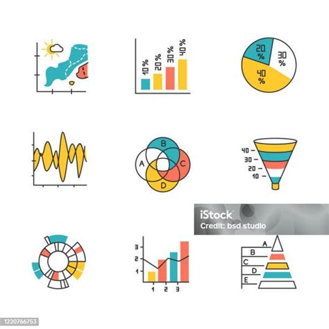 차트 및 그래프 색상 아이콘 설정입니다 온도 지도 지진 활동 수직 히스토그램 파이 다이어그램 깔때기 형 차트 벤 다이어그램 선버스트 그래프 혼합 차트 피라미드 격리된 벡터