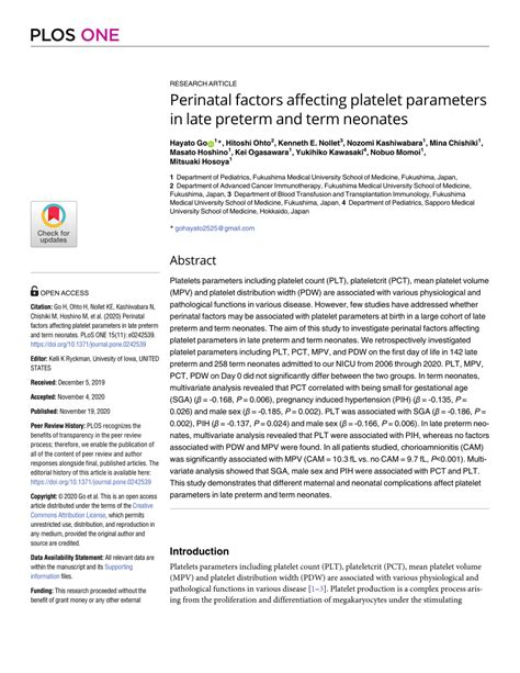 Pdf Perinatal Factors Affecting Platelet Parameters In Late Preterm And Term Neonates