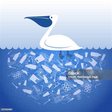 바다 플라스틱 오염을 중지합니다 생태 포스터 펠리컨 흰색 비닐 쓰레기 봉투 파란색 배경에 병물에 쓰레기에 바다 새 플랫 디자인 0명에 대한 스톡 벡터 아트 및 기타 이미지