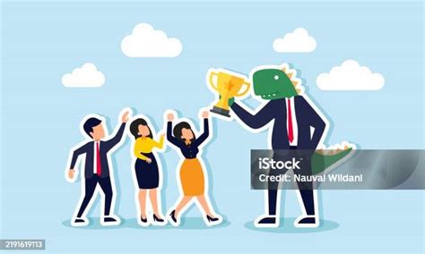 괴물 같은 사업가가 들고 있는 트로피를 축하하는 여러 기업가 과소평가된 비즈니스 파트너의 성공을 축하하는 그림 개발에 대한 스톡 벡터 아트 및 기타 이미지 Istock