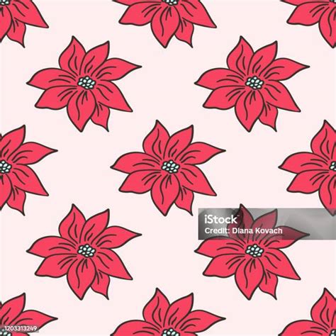 붉은 꽃 Poinsettia의 장식 손으로 그린 원활한 패턴 벡터 여성의 날 방 벽 인사말 카드 초대장 벽지 포장지 포장에 대한 꽃 낙서 그림 0명에 대한 스톡 벡터 아트