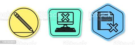 지우개와 선 키보드와 X 마크와 컴퓨터와 파일 문서 삭제라인 연필을 설정합니다 컬러 셰이프입니다 벡터 0명에 대한 스톡 벡터