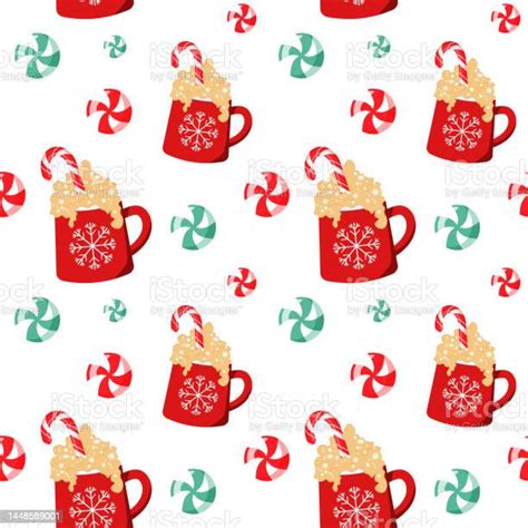 원활한 패턴입니다 뜨거운 음료와 함께 빨간 컵입니다 크리스마스 귀여운 카드입니다 벡터 그림입니다 0명에 대한 스톡 벡터 아트 및