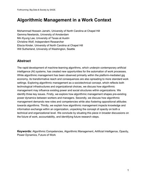 Pdf Algorithmic Management In A Work Context