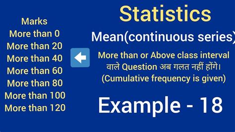 Statistics Mean Continuous Series Example 18 More Than Or Above Class Interval Youtube
