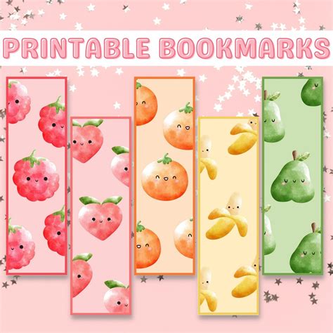 Kawaii Printable Fruits Bookmarks 5 Bookmarks Digital Download Kawaii