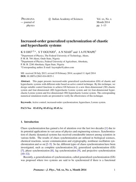 Pdf Increased Order Generalized Synchronization Of Chaotic And Hyperchaotic Systems
