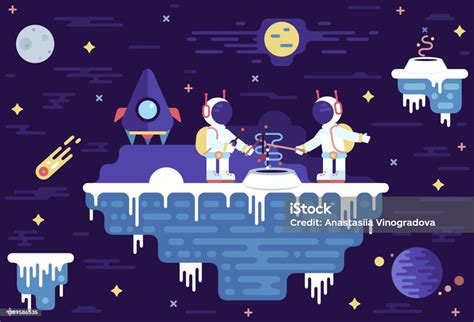 두 명의 우주비행사가 운석을 탐험합니다 게임 디자인 벡터 일러스트레이션 과학에 대한 스톡 벡터 아트 및 기타 이미지 과학 그래픽 사용자 인터페이스 단일 이미지