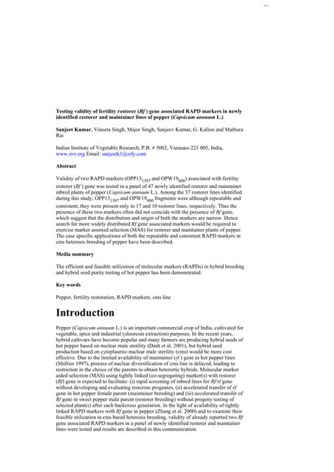 Pdf Testing Validity Of Fertility Restorer Rf Gene Associated Rapd Markers In Newly