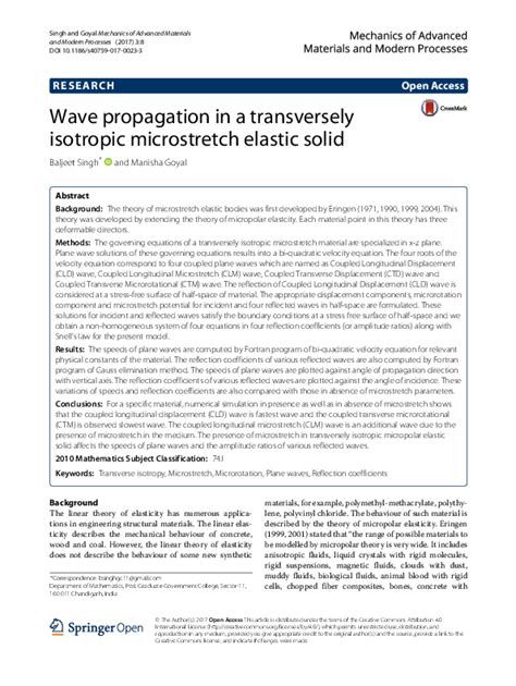 Pdf Wave Propagation In A Transversely Isotropic Microstretch Elastic Solid
