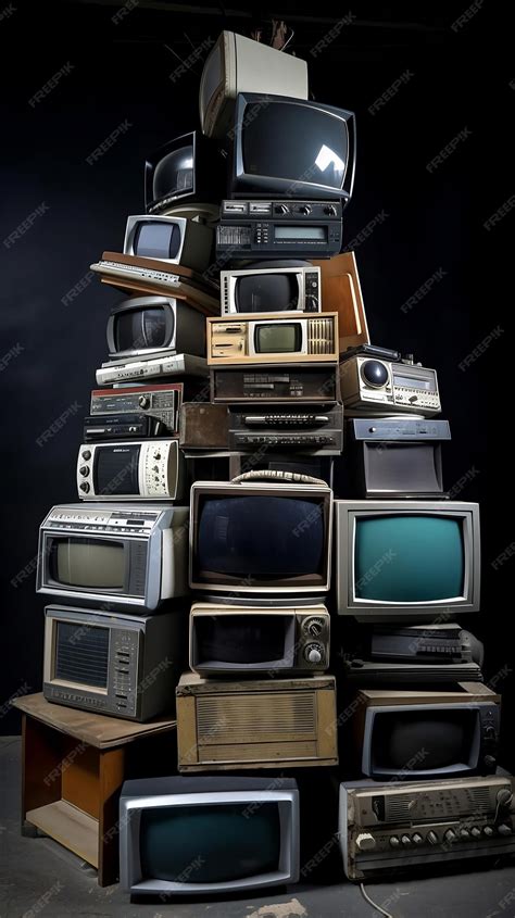 Premium Ai Image Vintage Television And Radio Tower Vintage Tv Sets Arranged Vertically End Of