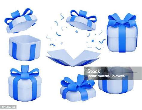 3d 벡터 선물 상자 세트 파란색 리본 활로 열리고 닫힙니다 팝퍼와 하트가 있는 플라잉 홀리데이 서프라이즈 박스 축제 선물 광고 배너 생일 카드 격리된 3d 렌더링 선물