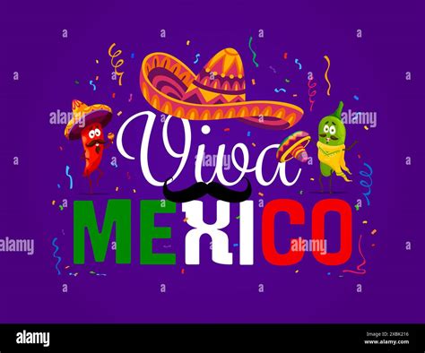 Viva Mexico Banner With Jalapeno Pepper Characters Wearing Sombrero Or