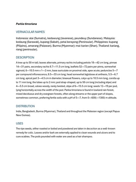 Data Sheet Parkia Timoriana Pdf