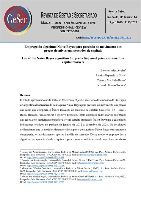 Pdf Emprego Do Algoritmo Naive Bayes Para Previsão Do Movimento Dos Preços De Ativos Em