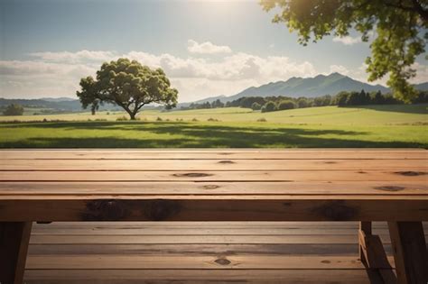 Premium Photo Wooden Table With Tree Landscape In Background