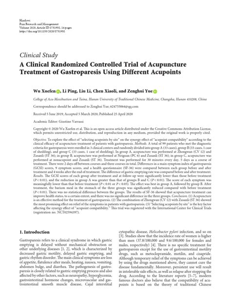 A Clinical Randomized Controlled Trial Of Acupuncture Treatment Of Gastroparesis Using Different