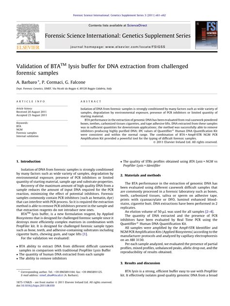 Pdf Validation Of Bta™ Lysis Buffer For Dna Extraction From Challenged Forensic Samples