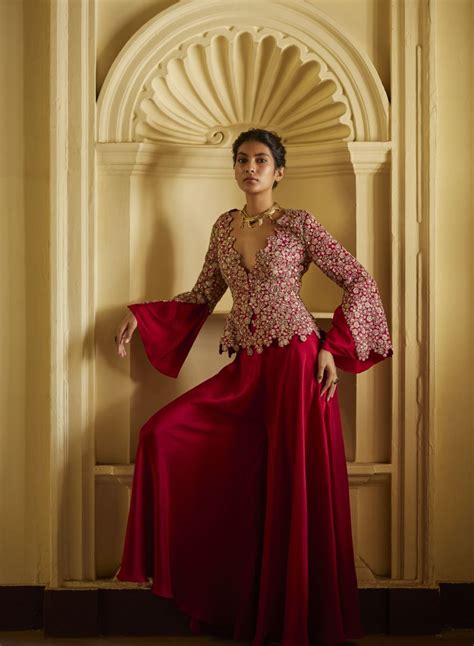 Buy Red Apsara Jacket Set Elan Store