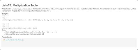Solved Lists 13 Multiplication Table Write A Function