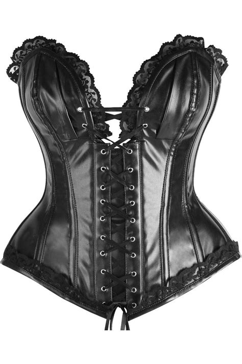 Top Drawer Black Faux Leather And Lace Trim Steel Boned Corset Daisy Corsets Usa