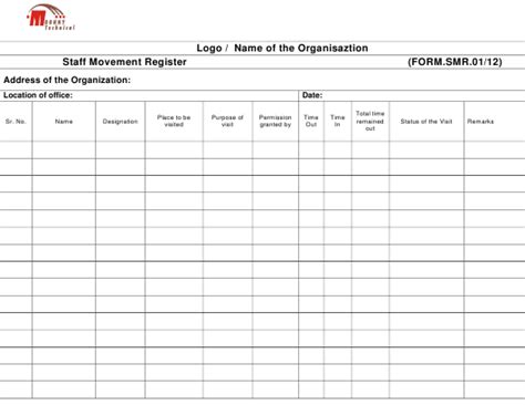 Staff Movement Register Free Printable Pdf Template