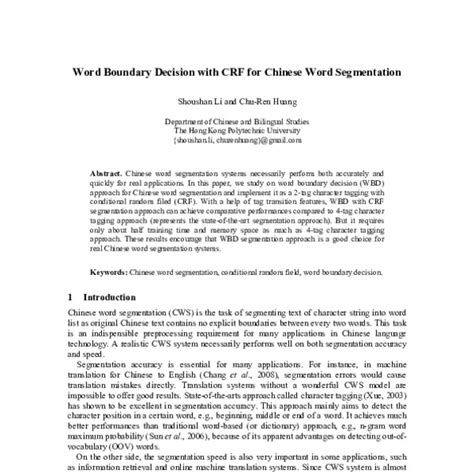 Word Boundary Decision With Crf For Chinese Word Segmentation Acl Anthology