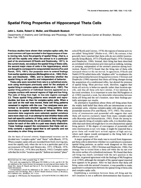 Pdf Spatial Firing Properties Of Hippocampal θ Cells
