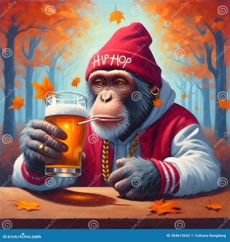 Painting Of Hiphop Monkey Drinking Beer At A Bar Stock Illustration