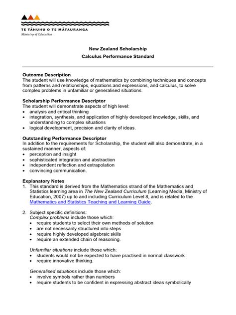 Scholarship Calculus Performance Standard Pdf Mathematics Calculus