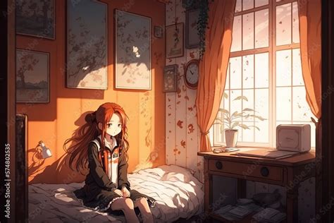 Anime Girl Sitting On Bed In Her Ai Generated Stock 52 Off